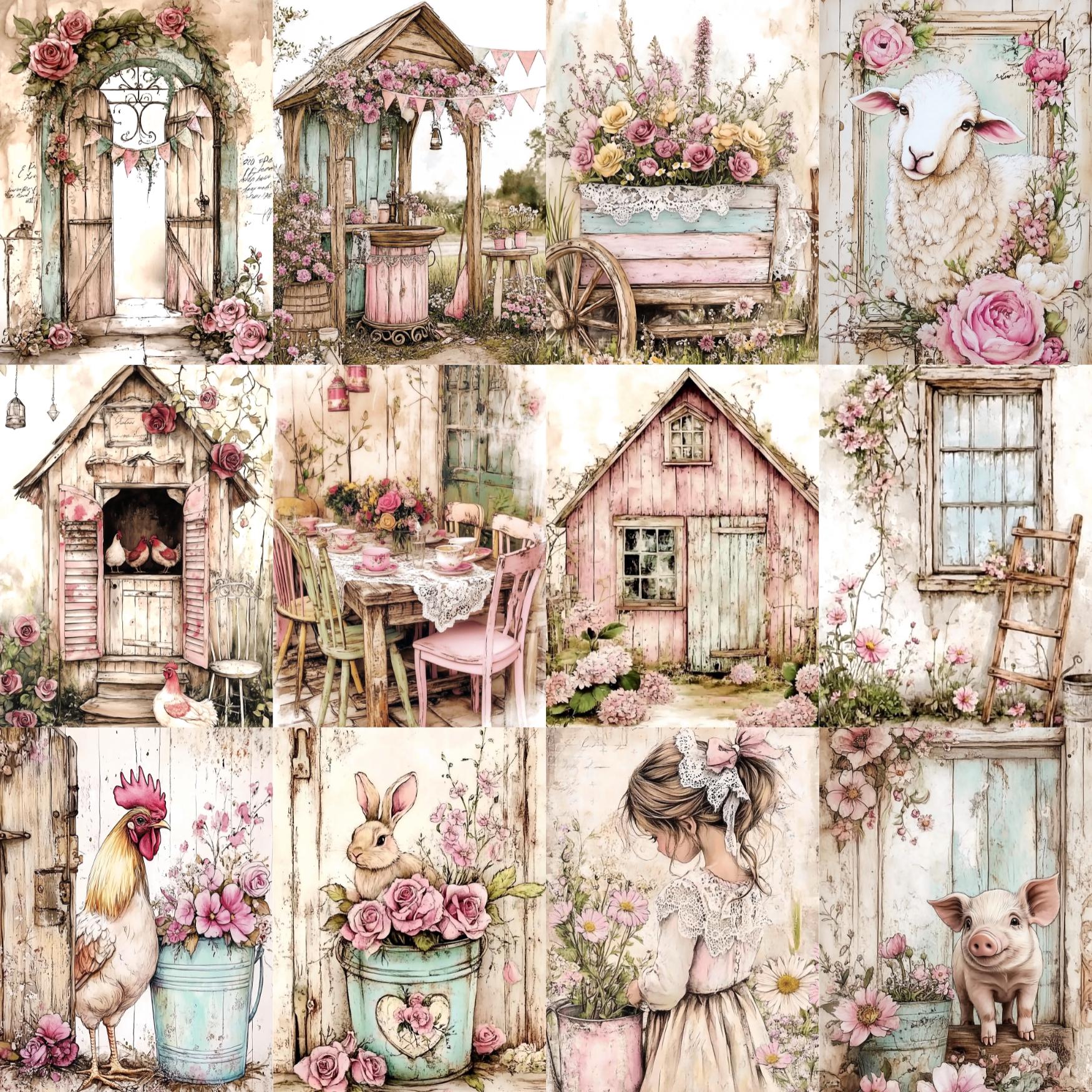 Shabby Chic Farm Junk Journal Pages, Floral Junk Journal Pages, Pastel ...