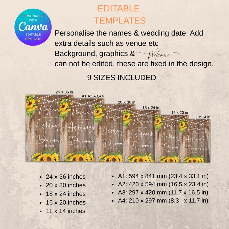 Sunflower Welcome Sign, Rustic Wedding Sign, Canva Wedding Sign ...