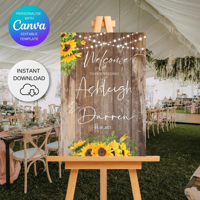 Sunflower Welcome Sign, Rustic Wedding Sign, Canva Wedding Sign ...