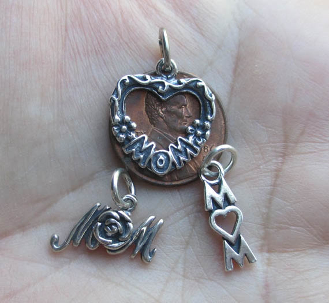Sterling Silver Mom, Mom With Rose, or Mom Heart Charm(one Charm)you ...