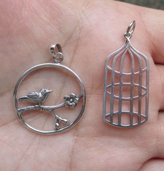 Large Sterling Silver Bird Cage or Bird on Branch Charmone | Etsy