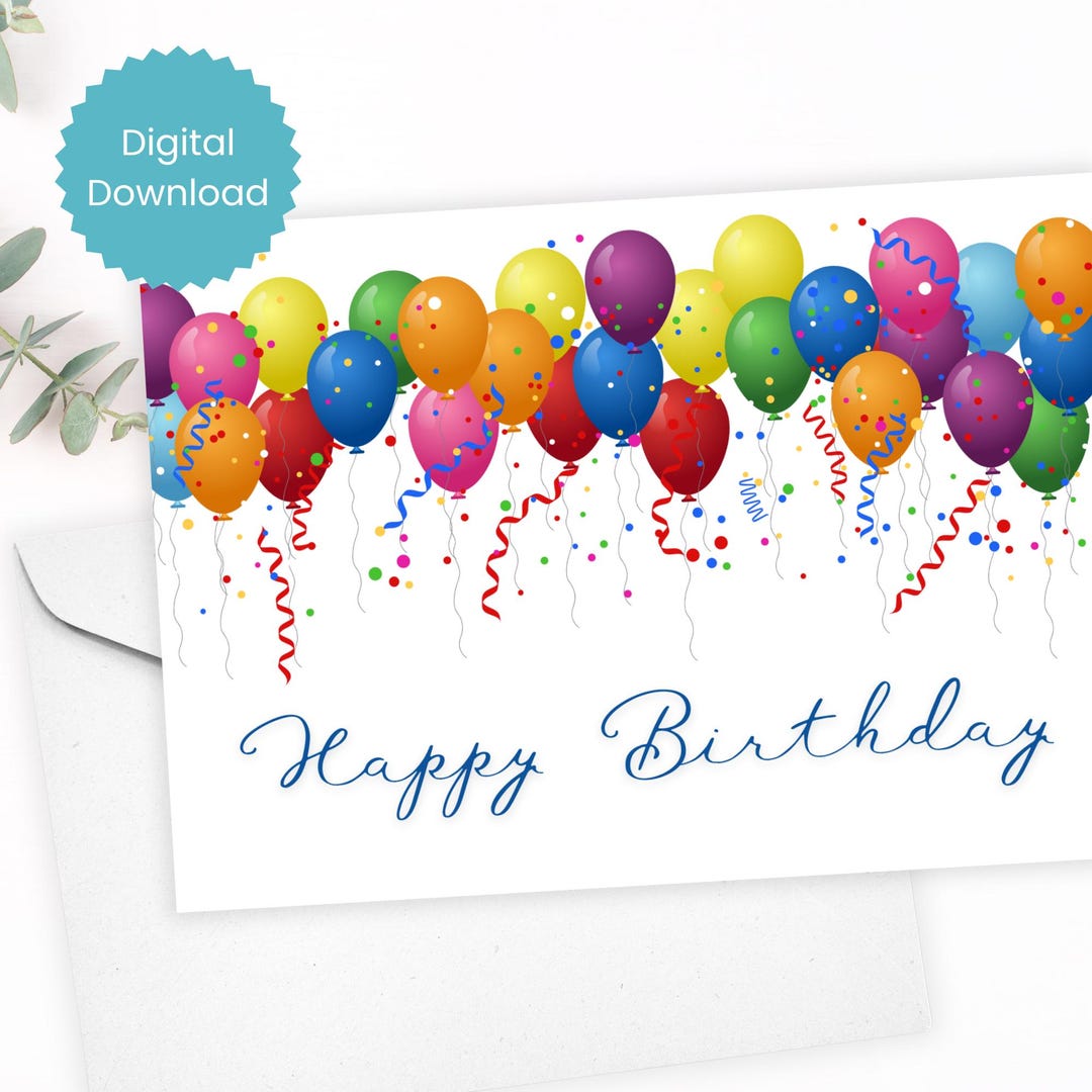 Colorful Balloon Birthday Card: Printable PDF (5x7 & 4x6) (digital ...