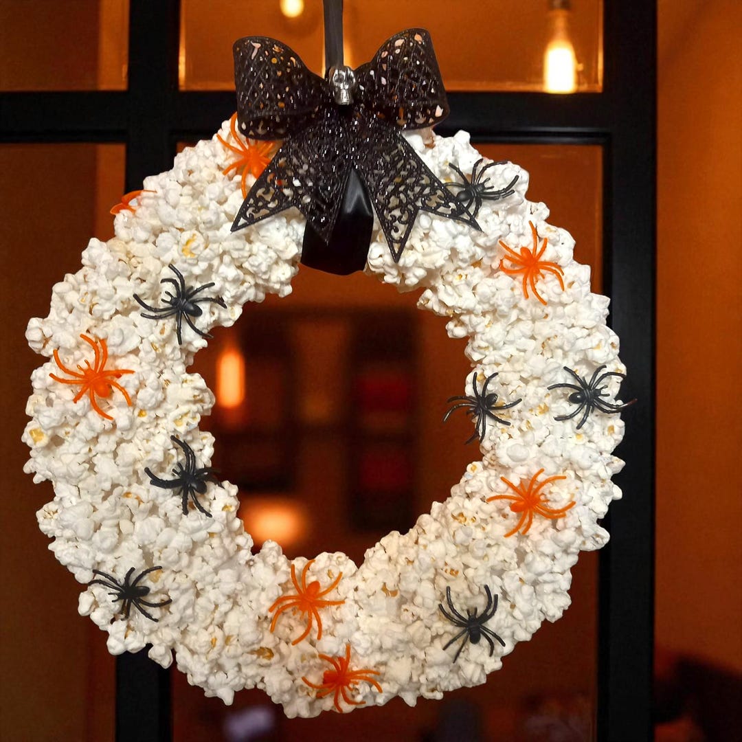 Halloween Popcorn Wreath - Handmade From REAL White Popcorn With Spooky ...
