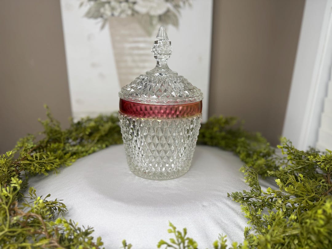 Indiana Glass Cranberry Diamond Point Cookie Jar, Retro Kitchen - Etsy