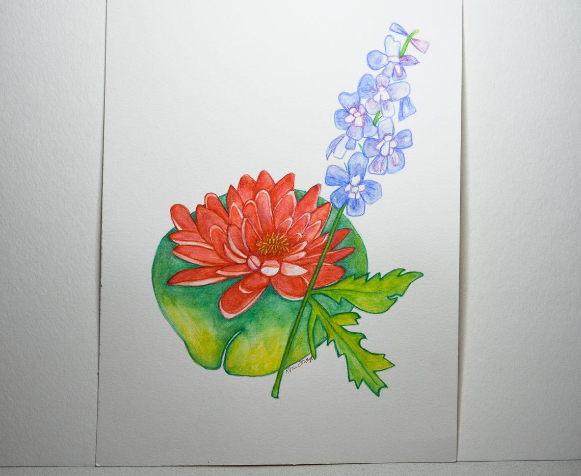 Water Lily and Larkspur July Birthday Flower, Original Watercolor ...