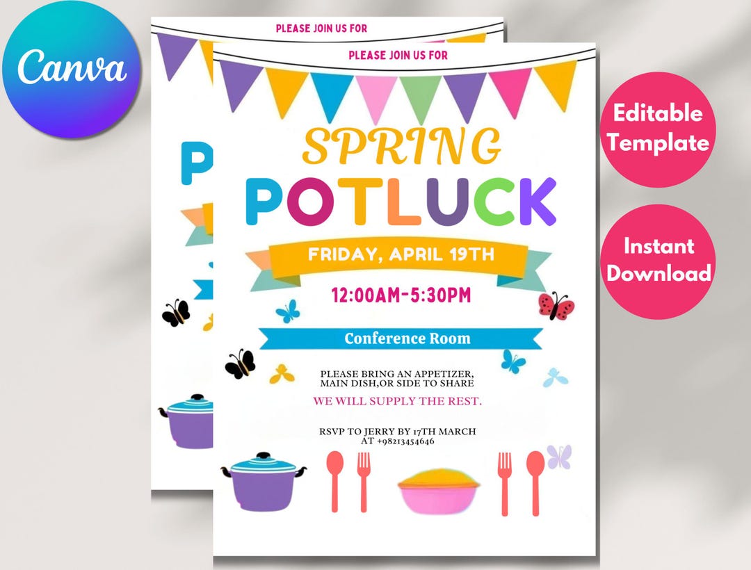 Editable Spring Potluck Invite Printable, Potluck Luncheon Party Flyer ...