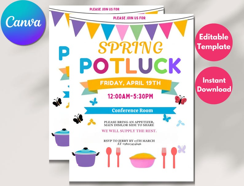 Editable Spring Potluck Invite Printable, Potluck Luncheon Party Flyer ...