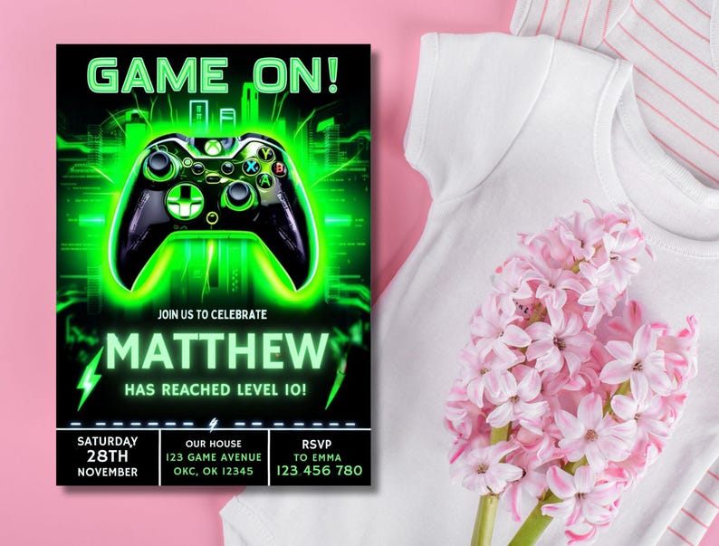 Editable Video Game Birthday Invitation, Printable Neon Glow Boy Gamer ...