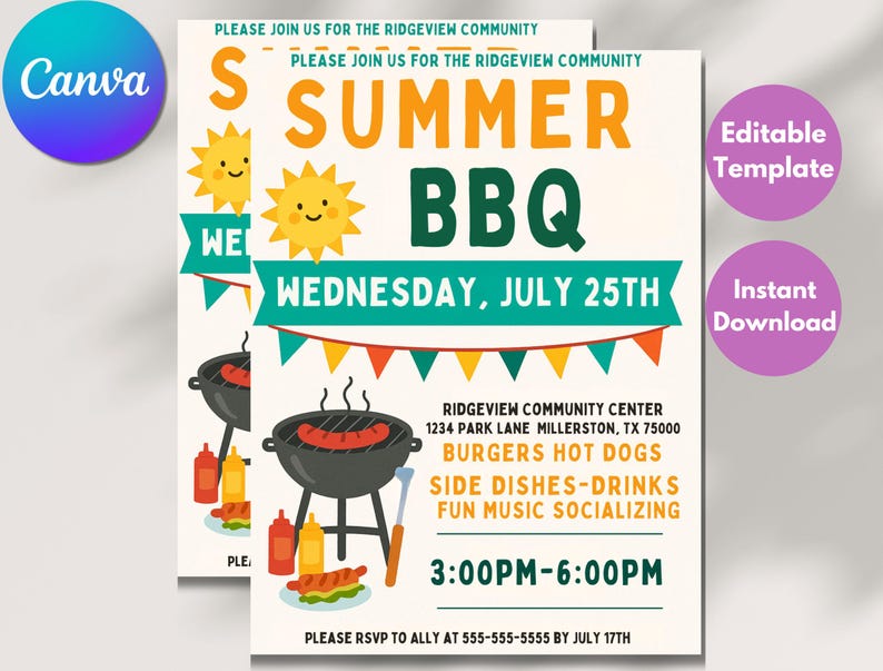 Summer BBQ Party Flyer Editable Template, DIY Cookout Invitation, Canva ...
