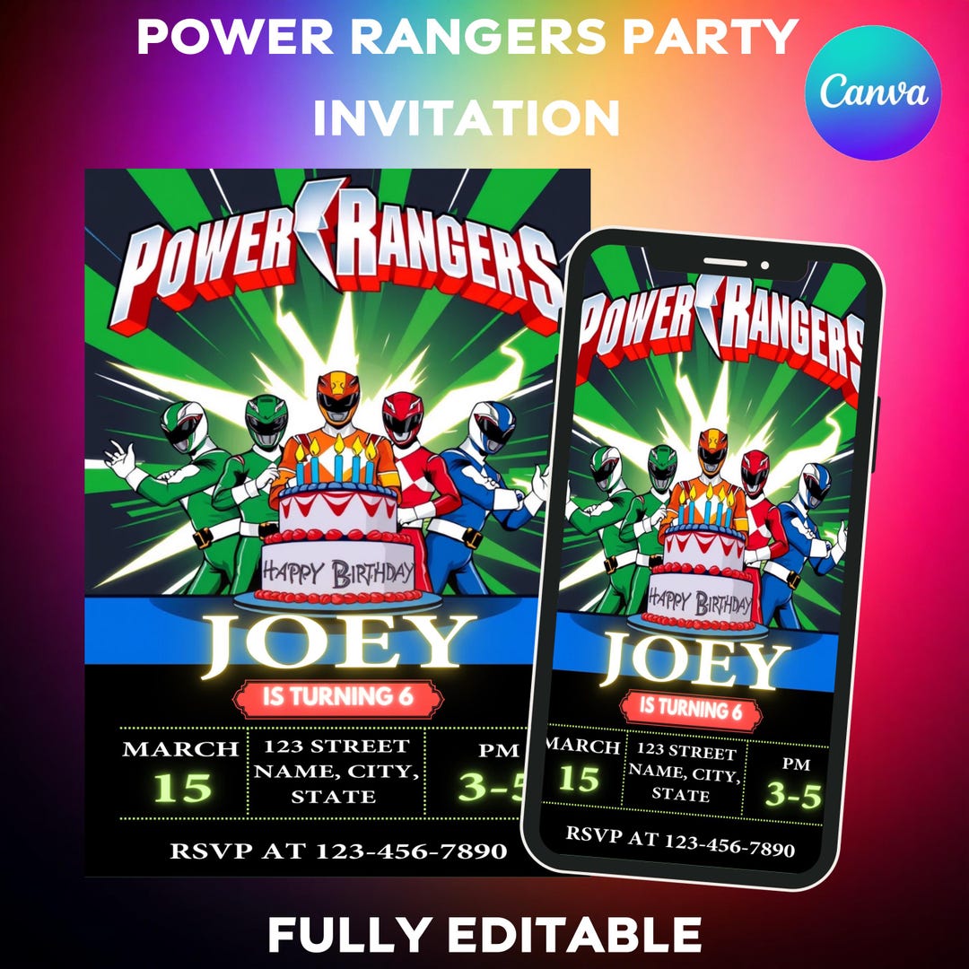 Power Rangers Birthday Invitation: Kids Party, Canva Editable - Etsy