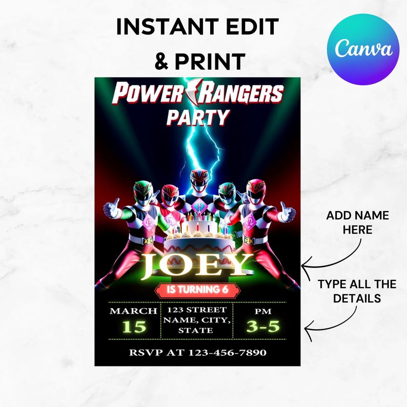 Power Rangers Birthday Invitation: Kids Party, Canva Editable - Etsy
