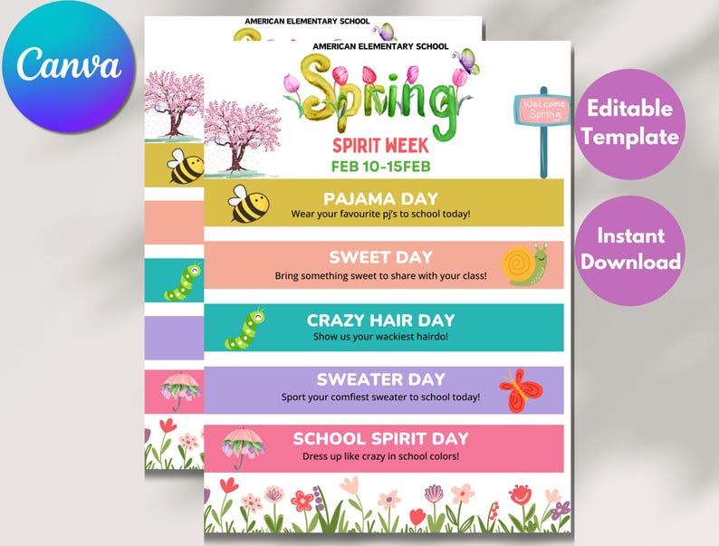 Editable Spring Spirit Week Flyer Canva Template, School Spirit ...