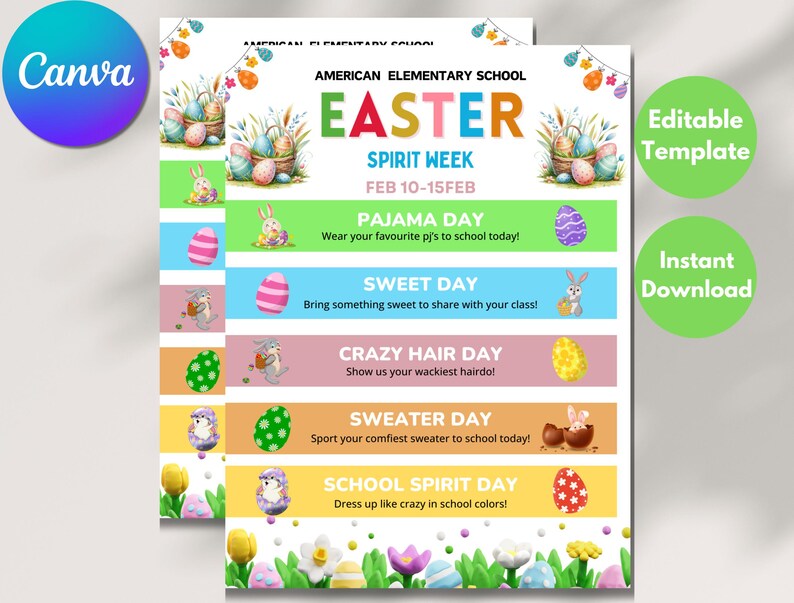 Easter Spirit Week Flyer Template, School Spirit Week Template, Spirit ...