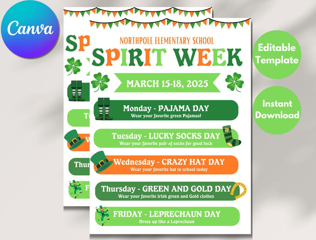Editable St Patricks Spirit Week Flyer Canva Template, School Spirit ...