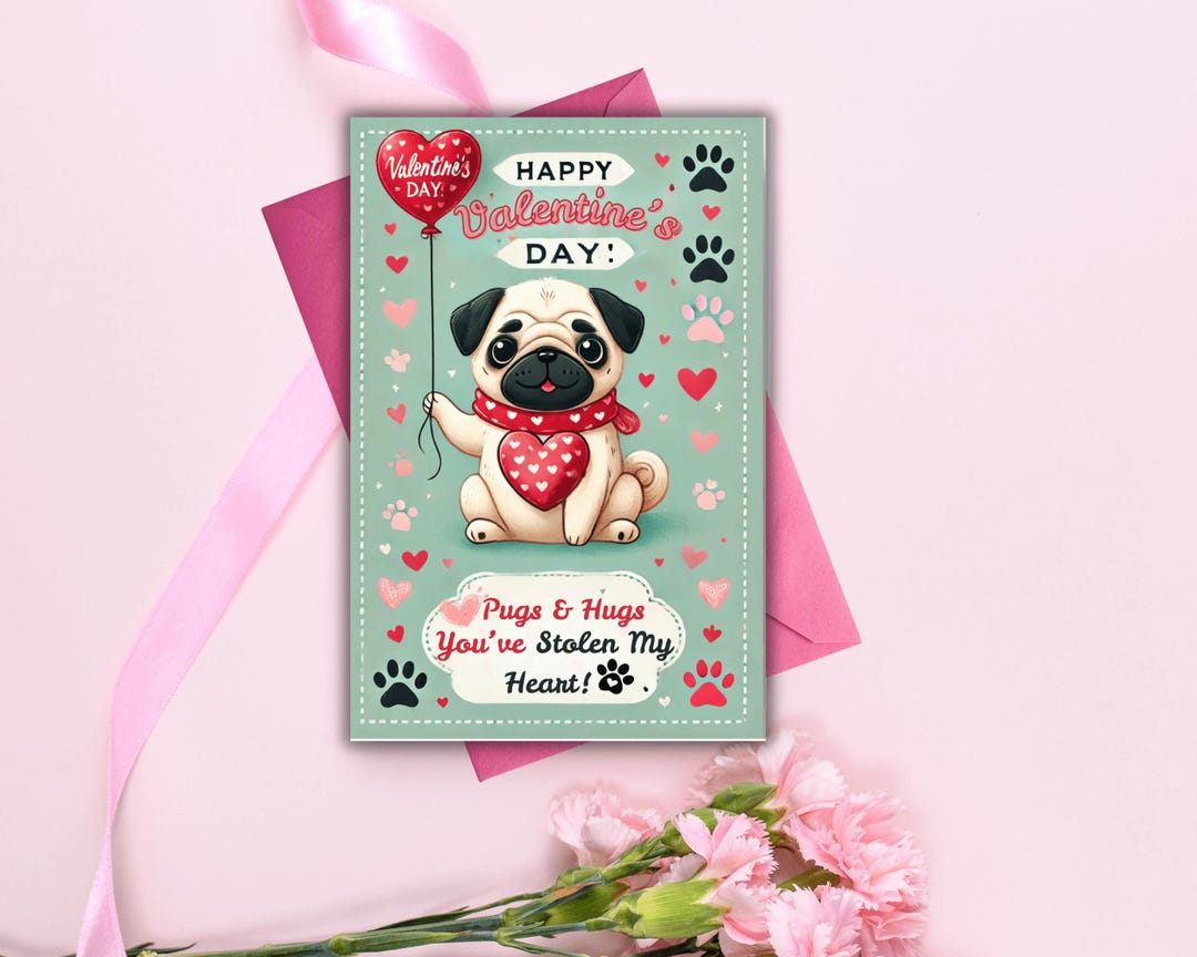 Printable Pug Valentine Card, Valentine Dog Greeting Card, Dog Lover ...