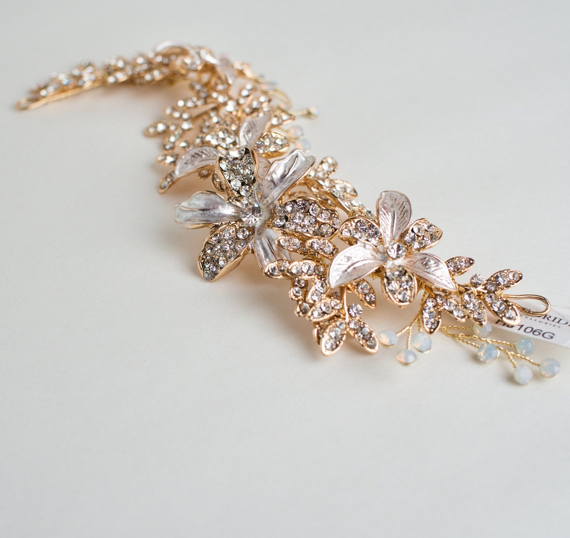 Floral Hair Accessory in Gold With Crystals for Wedding - Etsy