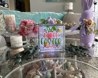 Hoppy Easter 6x6x3 Glass Block Night Light, Easter Gift, Decorative Glass Blocks, Easter Glass ...