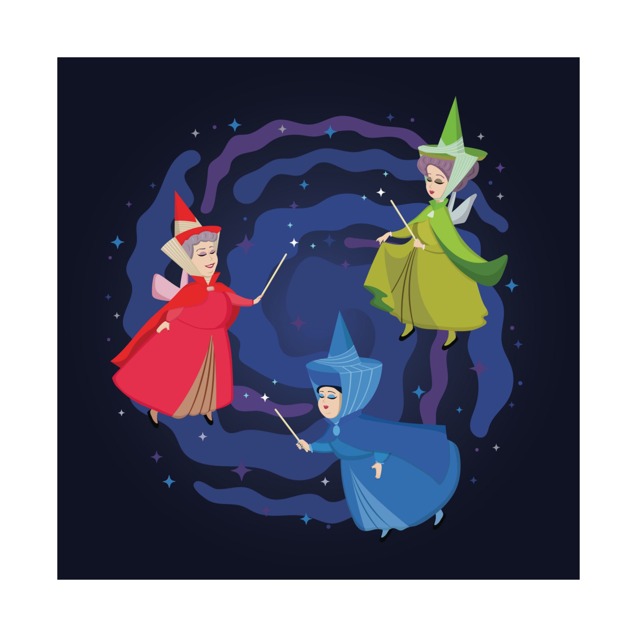 Three Good Fairies, Flora, Fauna, and Merryweather, Sleeping Beauty Art ...
