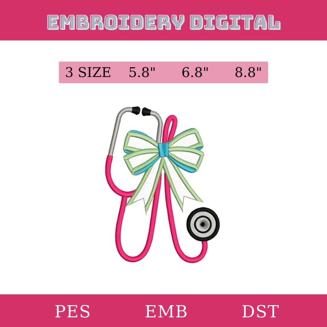 Therapist Medic Stethoscope and Side Bow Appliqué Embroidery Design - Available in Multiple ...