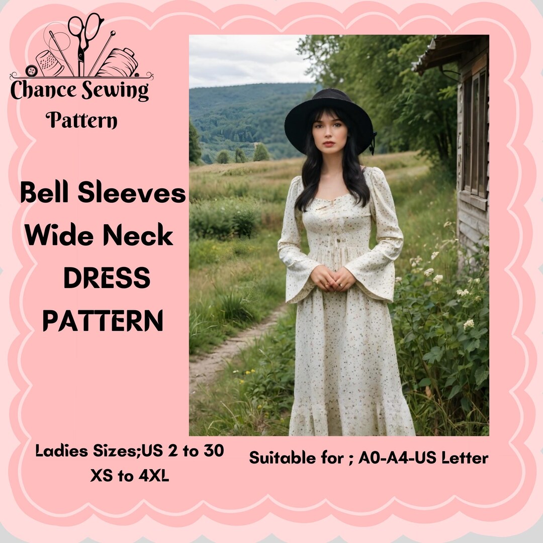 Bell Sleeves Wide Neck Dress Sewing Pattern,bridgerton Dress ...