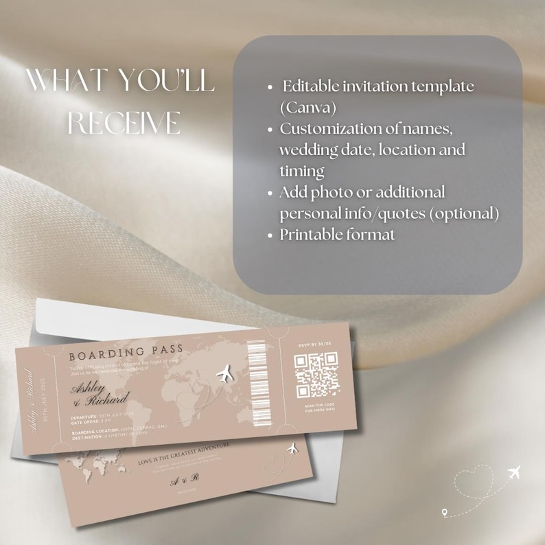 Destination Wedding Boarding Pass Invitation Neutral Beige Printable ...