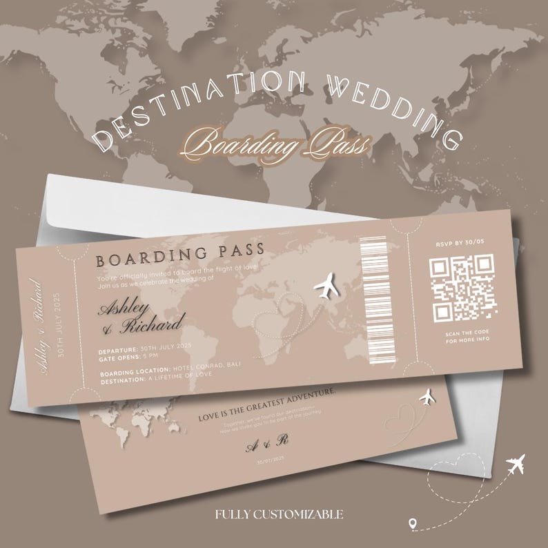 Destination Wedding Boarding Pass Invitation – Neutral Beige ...