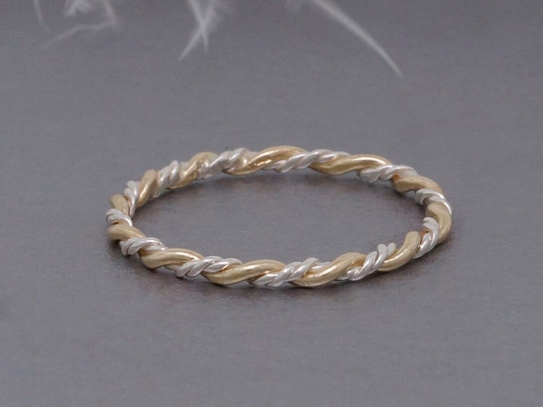14k Gold & Sterling Silver Twisted Rope Stacker Rings - Handcrafted Mixed Metal Wedding Band Set ...