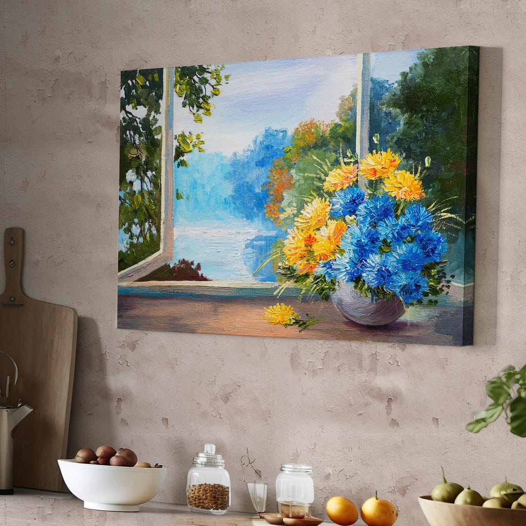 Flower Bouquet on the Window Sill Canvas Wall Painting, Flower Canvas ...