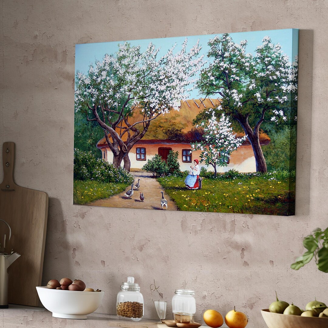Spring Village House Oil Painting Look Decorative Canvas Wall Art ...