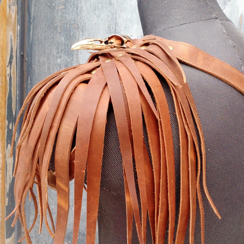 Primitive Feathered Oiled Brown Leather Unisex Left Shoulder | Etsy