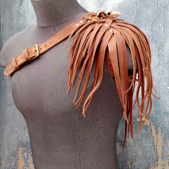 Primitive Feathered Oiled Brown Leather Unisex Left Shoulder | Etsy