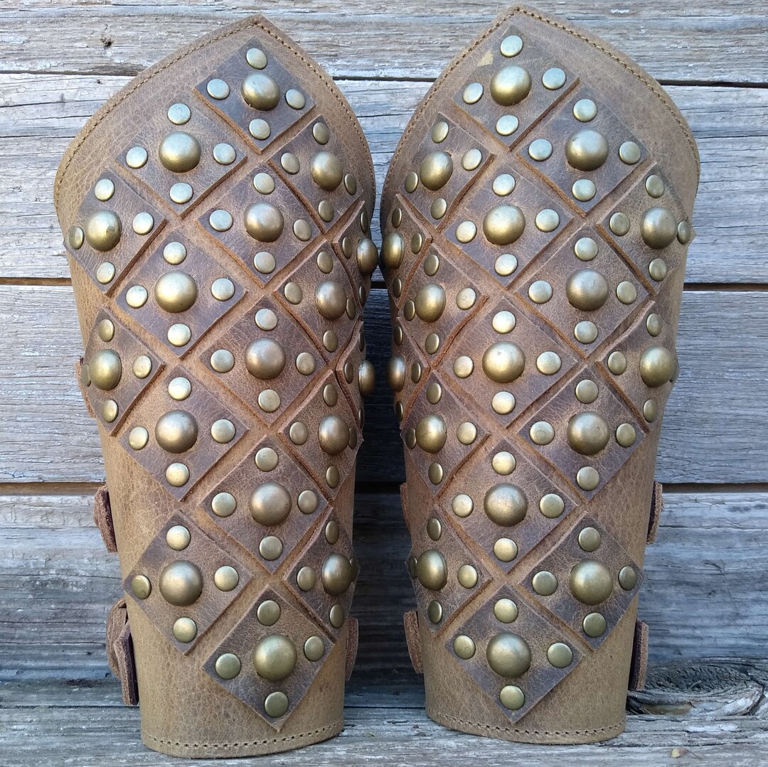 Primitive Oiled Brown Leather Peaked Bracers With Antique Brass ...