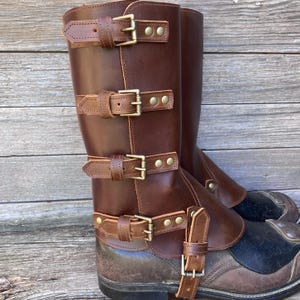 Taller Swiss Military Style Gaiters or Spats in Glossy Brown Leather W ...