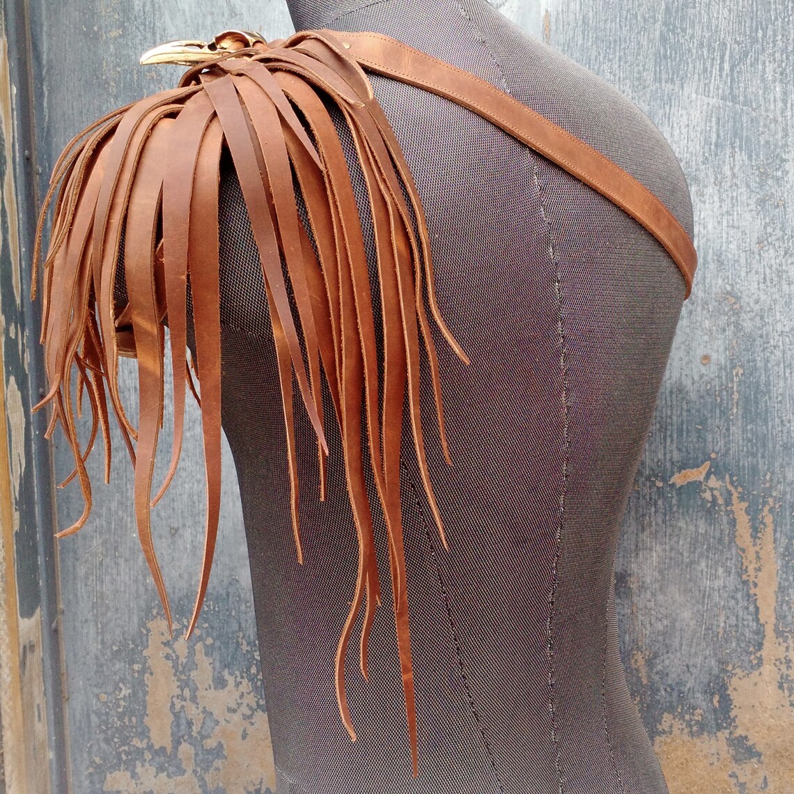 Primitive Feathered Oiled Brown Leather Unisex Left Shoulder Harness ...