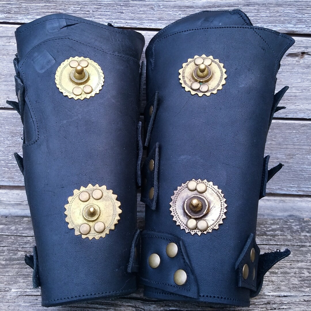 Oiled Black Leather Bracers: Ethiopian Brass Shield Accent - Etsy