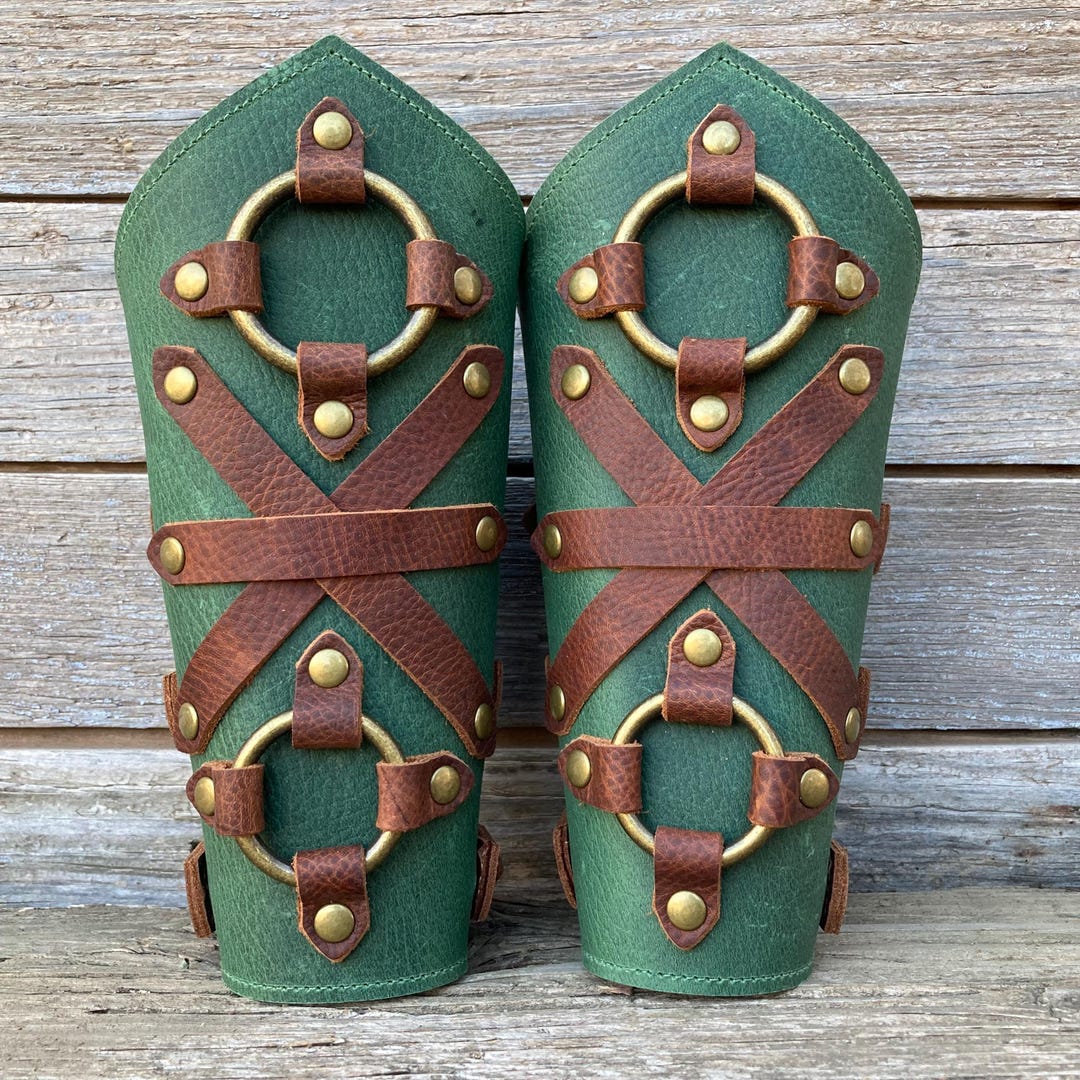 Green & Brown Leather Peaked Bracers or Gauntlets With Antiqued Brass ...