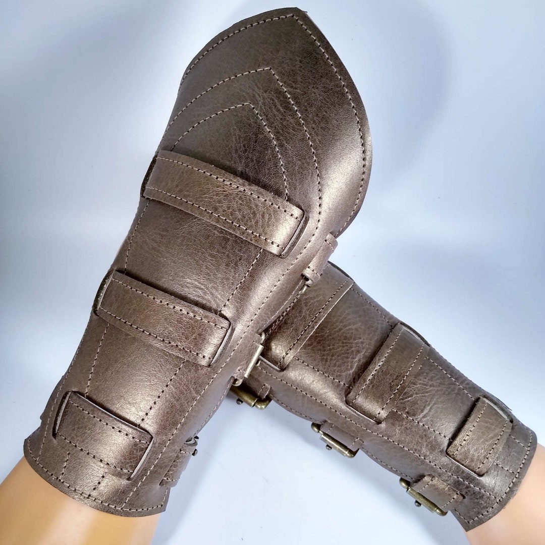 Matte Bronze Leather Peaked Three Strap Bracer Pair With Antiqued Brass ...