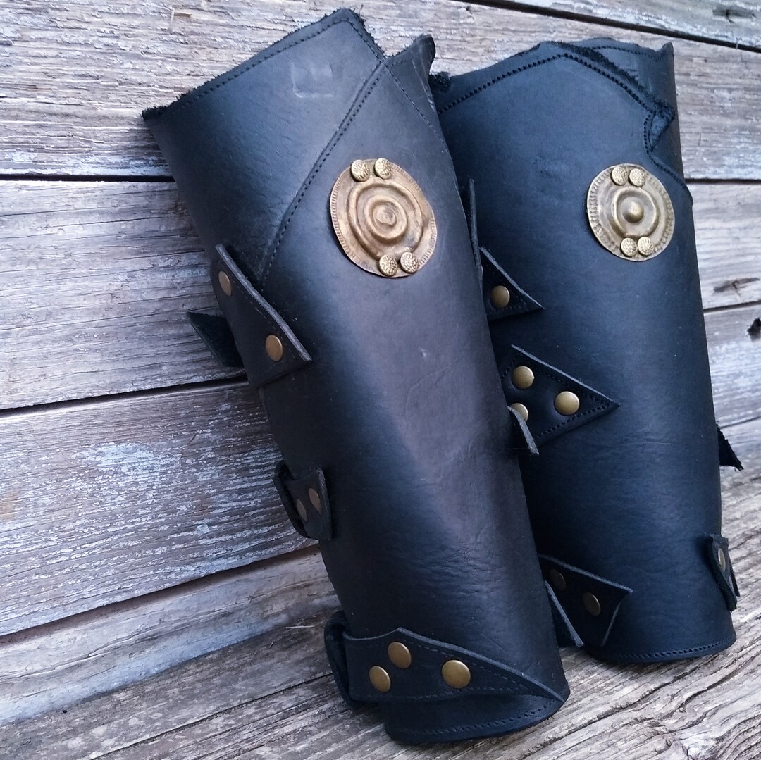 Primitive Oiled Black Leather Peaked Bracer Pair W Brass Ethiopian ...