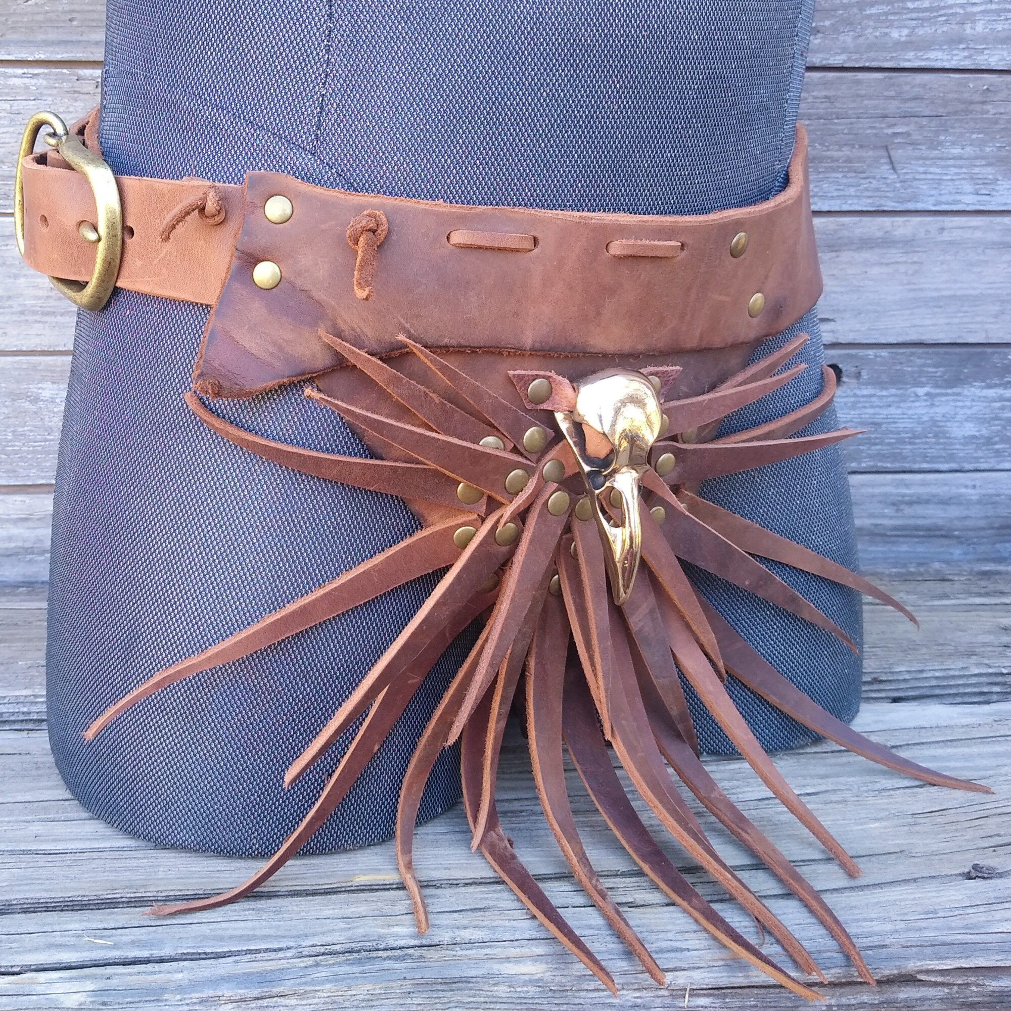 Primitive Tribal Brown Wider Leather Belt W Feathering Antiqued Brass ...