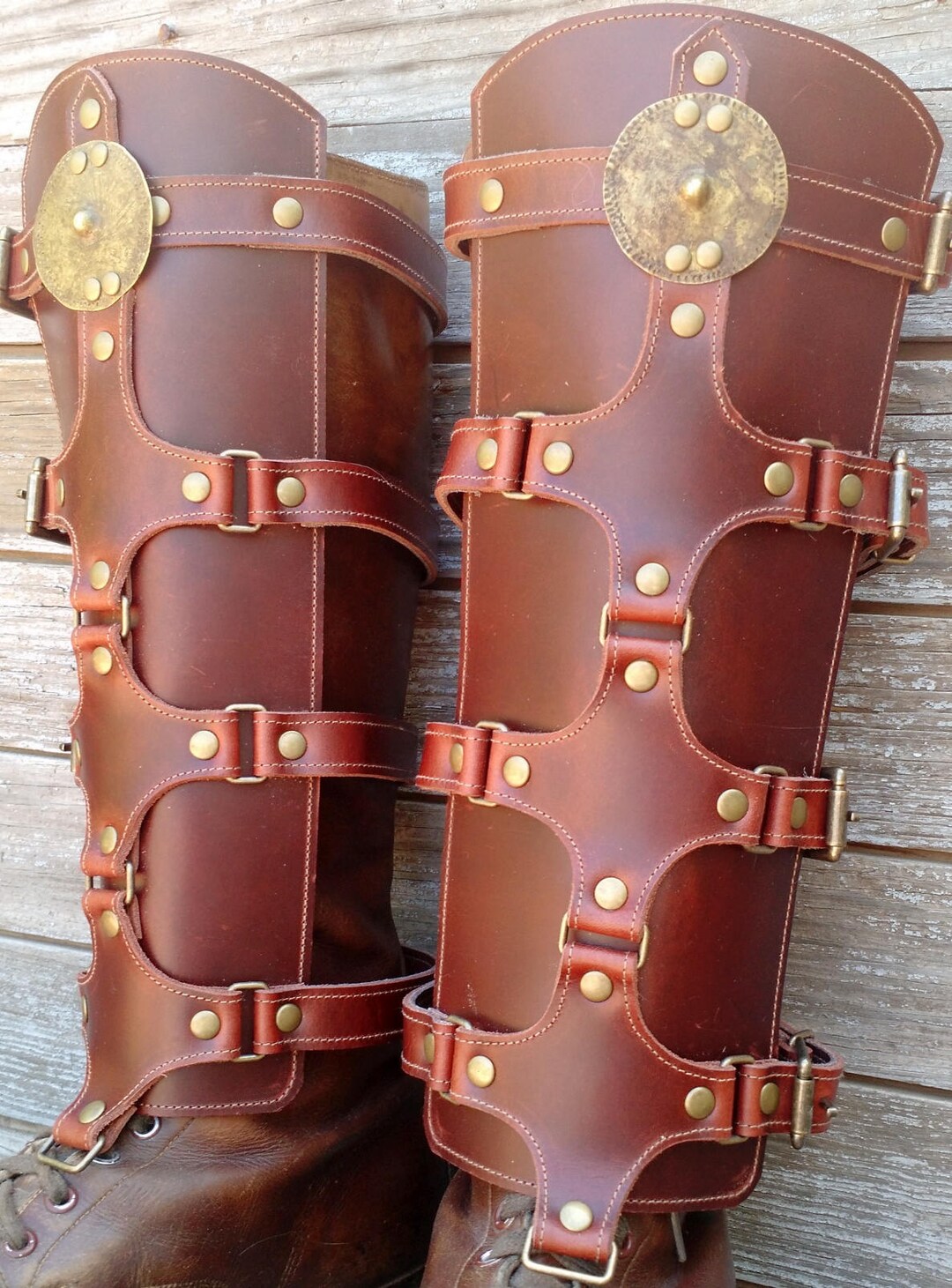 Brown Leather Shin Guards, Shinguards or Gaiters With Antiqued Brass ...