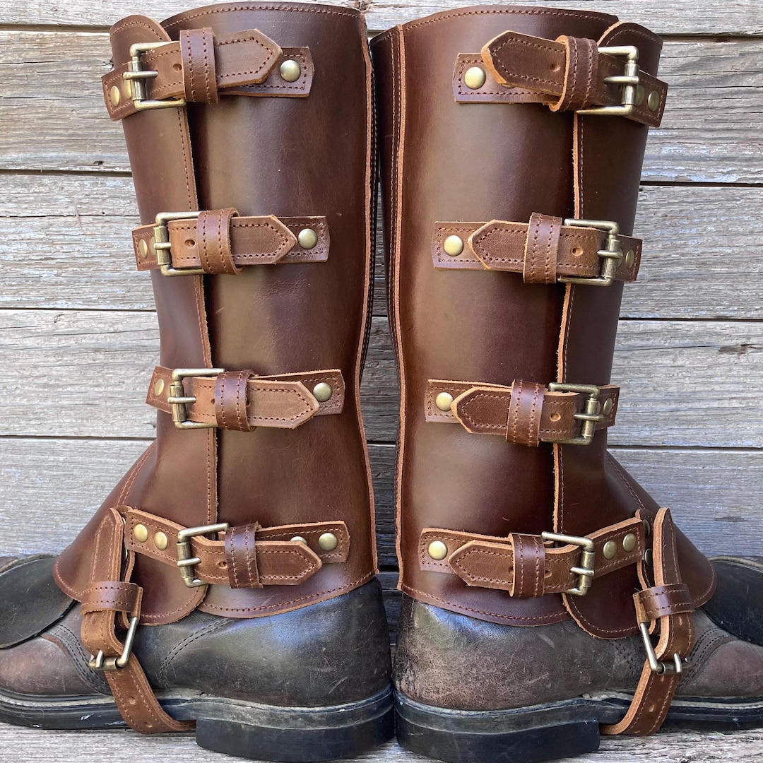 Taller Swiss Military Style Gaiters or Spats in Glossy Brown Leather W ...
