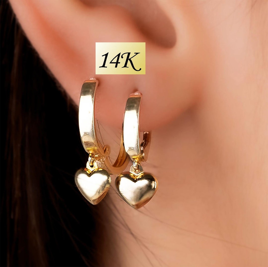 14K Solid Gold Heart Huggie Earrings: Dangle Drop Puffy Heart Hoops ...