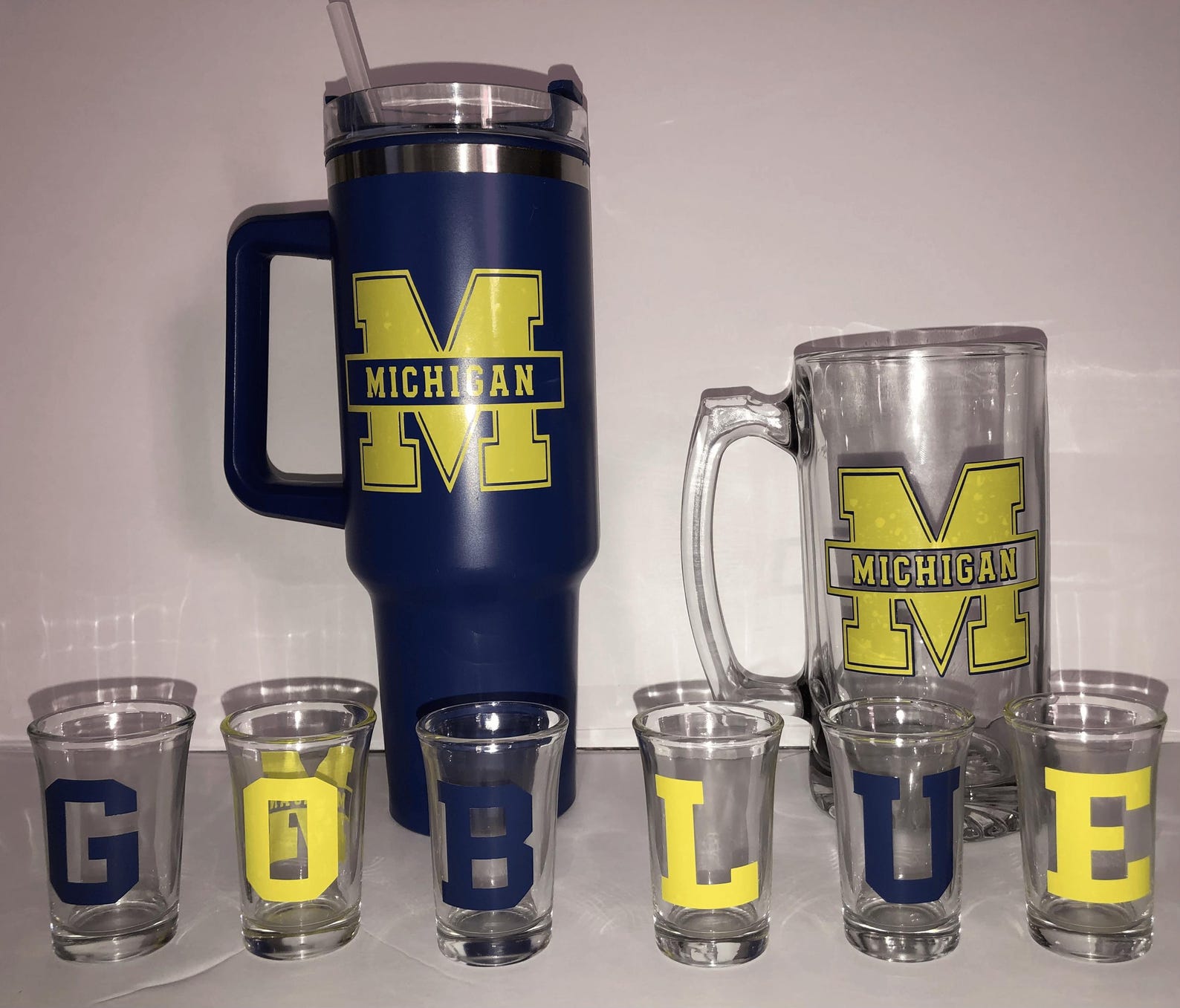 Michigan Wolverine 40 Oz Tumbler /beer Mug/ GO BLUE Shot Glasses SET of ...