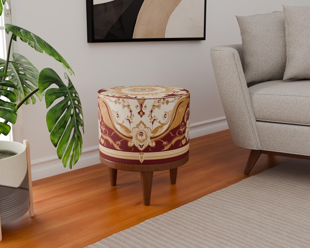 Burgundy Footstool, Round Ottoman Bench, Poufy Footrest, Vanity ...