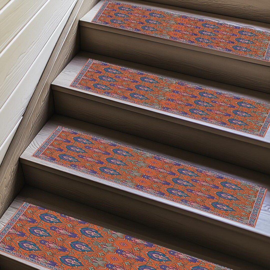 Rust Orange Paisley Floral Stair Mats, Boho Anatolian Non Slip Step ...