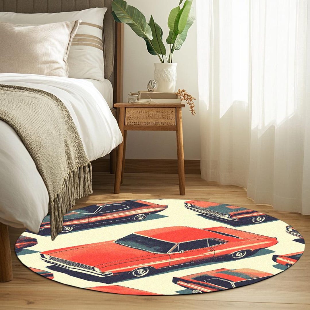 Classic Cars Print Rug, Modern Round Rug, Daily Use Rug, Easy to Care ...