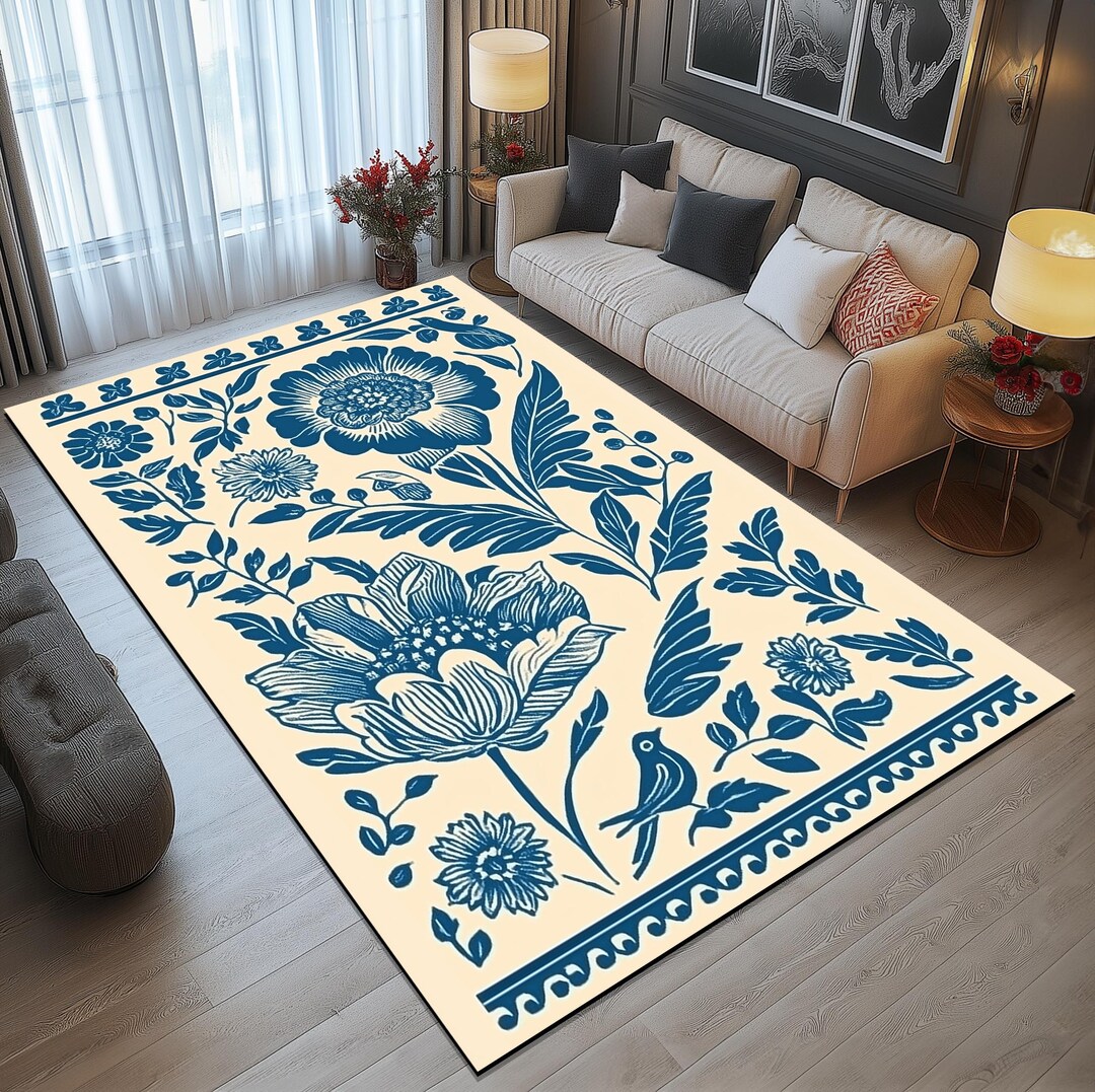 Beige and Blue Floral Print Rug, Rich Design Rug, Modern Printed Rugs ...