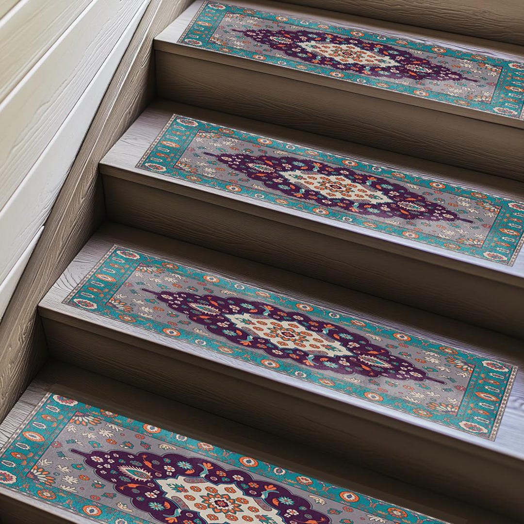 Grey Purple Traditional Step Mats, Washable Oriental Stair Treads, 1053 ...