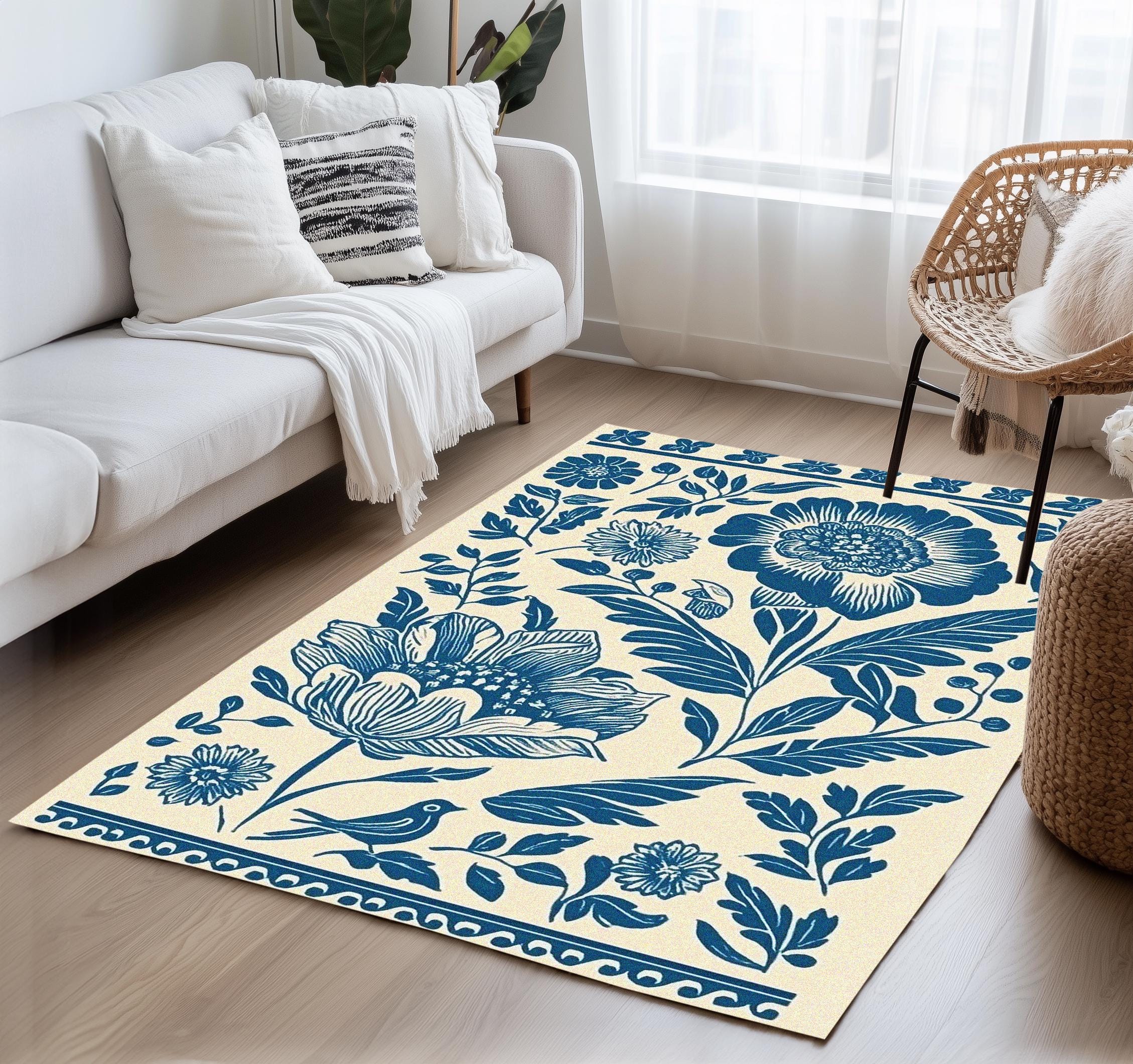 Beige and Blue Floral Print Rug, Rich Design Rug, Modern Printed Rugs ...