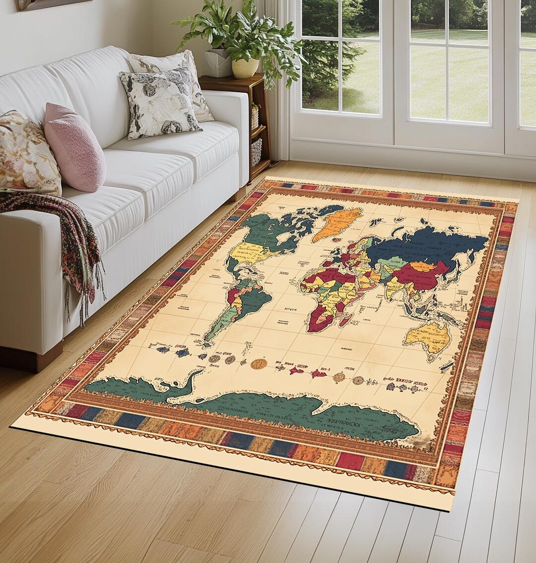World Map Rug, Vintage Inspired Rug, Comfort Rug, Everyday Rug, Machine ...